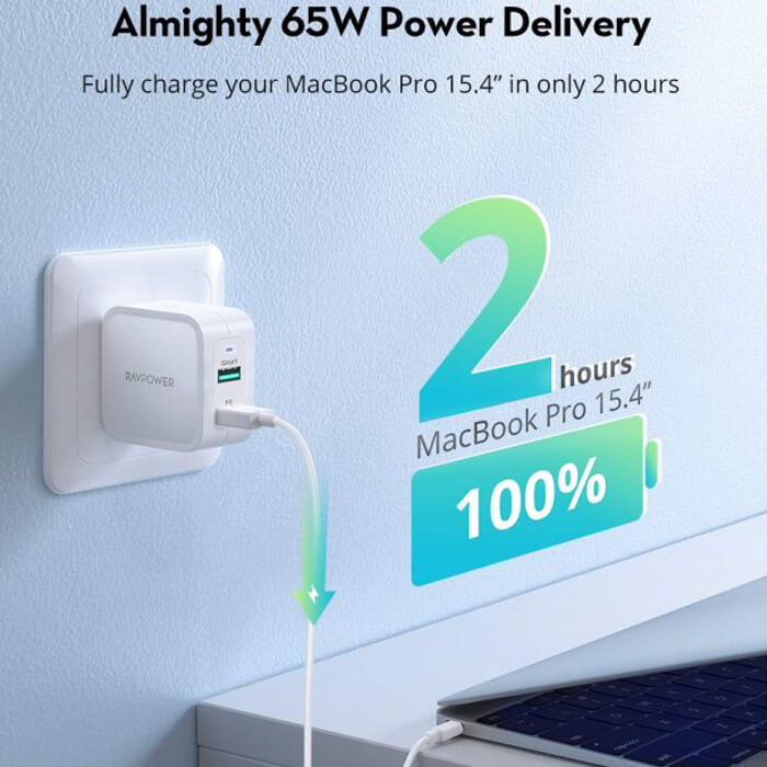 قیمت، خرید و مشخصات کامل شارژر دیواری راوپاور 2 پورت 65 وات RP-PC133