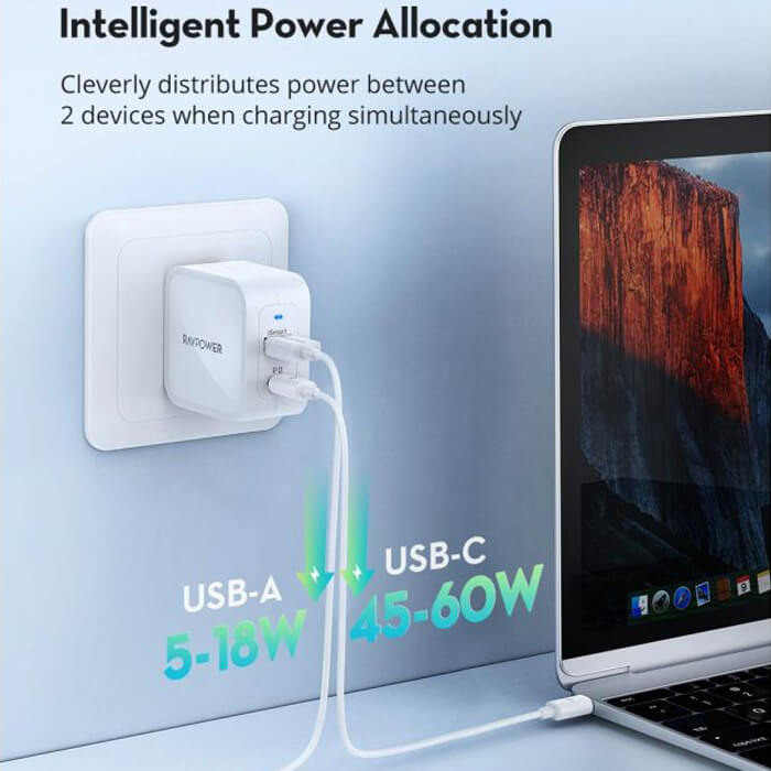 قیمت، خرید و مشخصات کامل شارژر دیواری راوپاور 2 پورت 65 وات RP-PC133